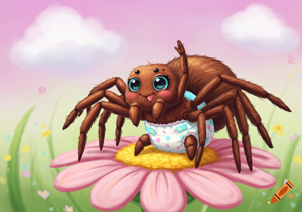 A cute cartoon spider wearing a diaper sits on a pink flower in a field ...