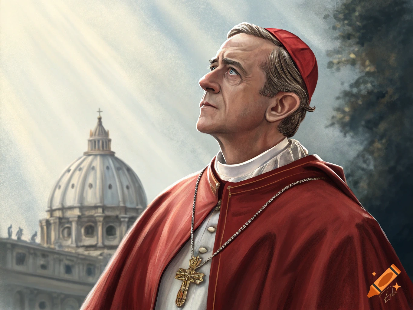 Painting of a man dressed as a cardinal looking up in front of a large ...