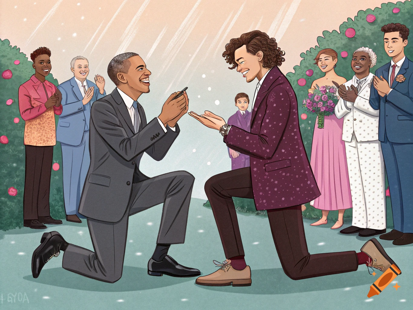 Illustration of Obama proposing to Harry Styles during a ceremony, with ...
