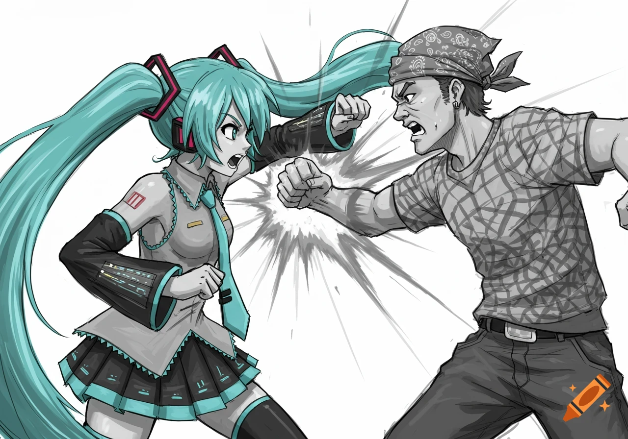 Hatsune Miku fights a man in a bandana in a dynamic sketch drawing. on ...