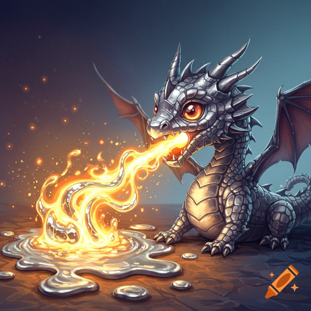 A cute silver metal dragon breathes fire onto melting metal. on Craiyon