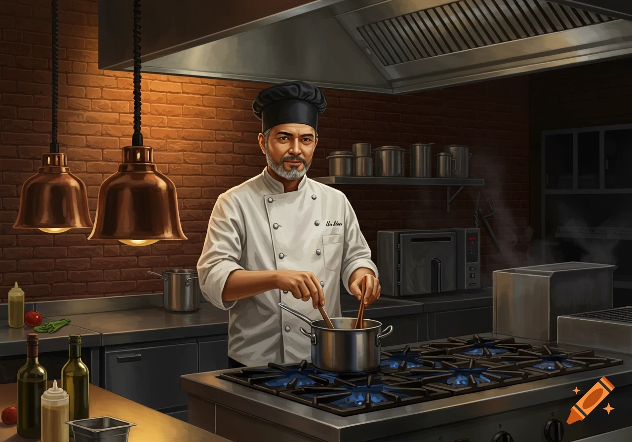 An illustration of a chef cooking in a kitchen with brick walls. on Craiyon