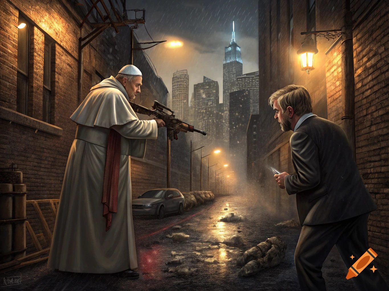 A figure resembling a Pope aims a rifle at a man in a suit in a rainy ...