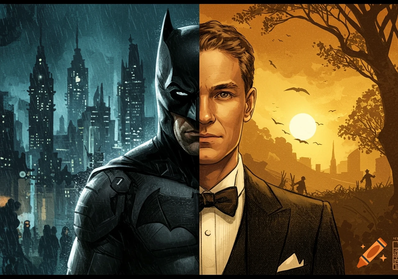 Split image of Batman in rain-slicked Gotham and Bruce Wayne in a tuxedo against a sunset. on ...