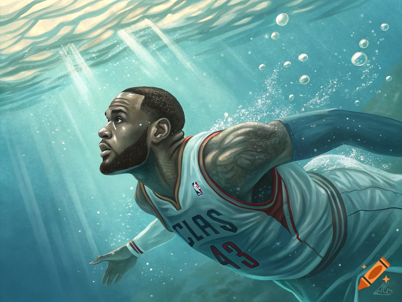 Illustration of a man resembling LeBron James swimming underwater in a ...
