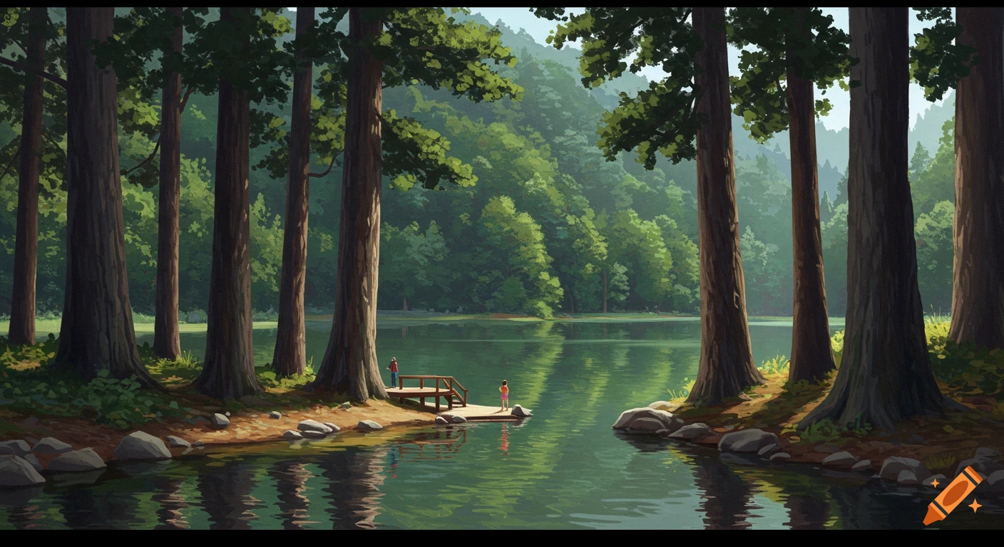 An illustrated painting of a forest lake surrounded by tall trees, with a small deck leading ...