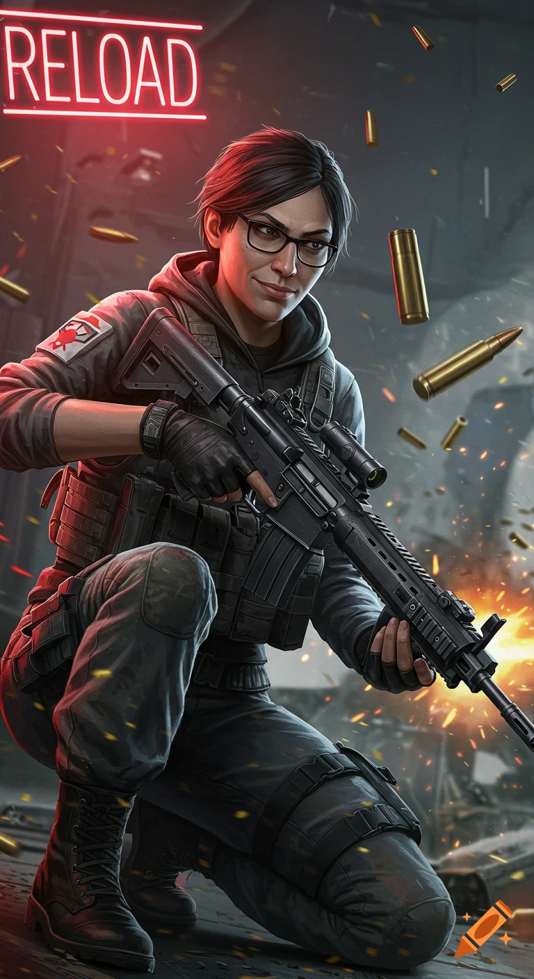 Character with rifle kneels as bullet casings fall, neon sign says ...