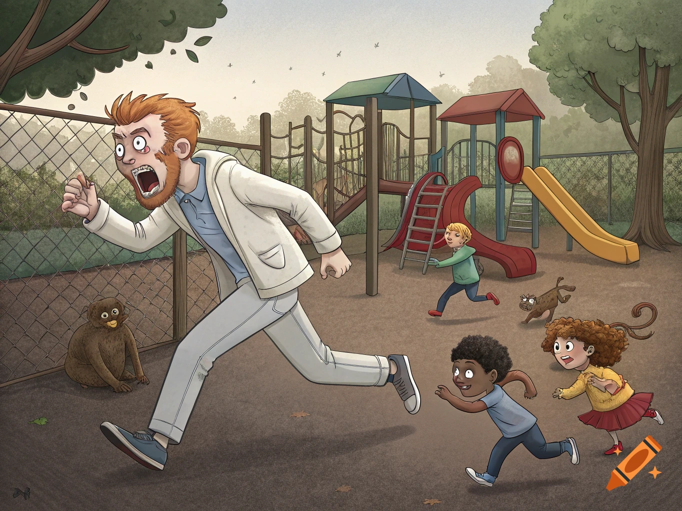 Cartoon illustration of a man chasing kids and a creature in a ...