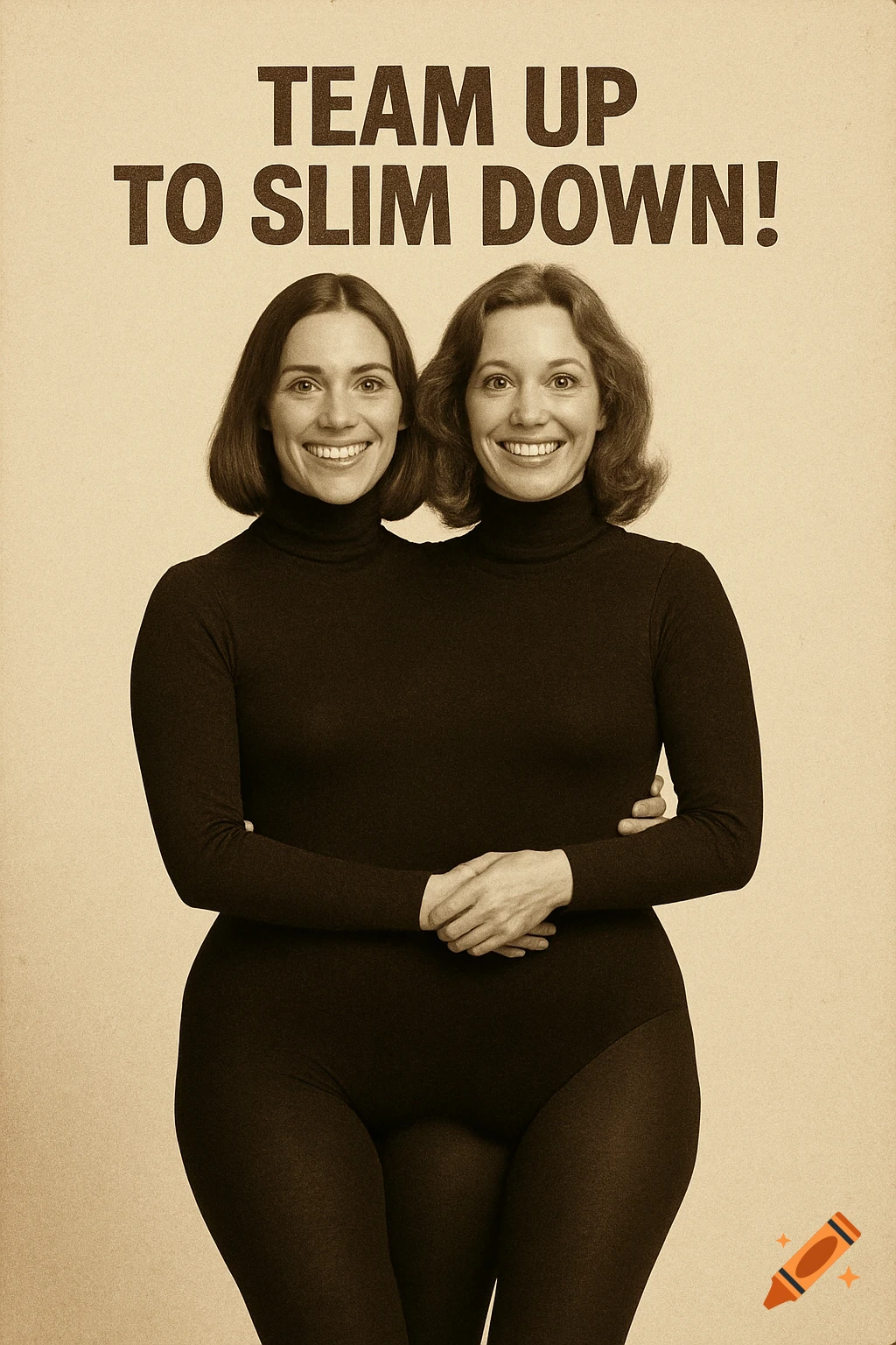 Retro photo of two women fused into one body with two heads, wearing ...