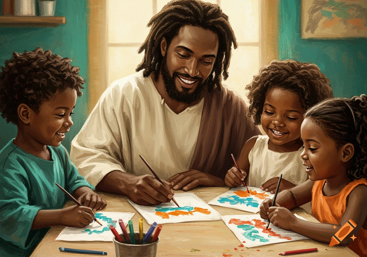 Black Jesus with locs and three children coloring at a table, painted ...