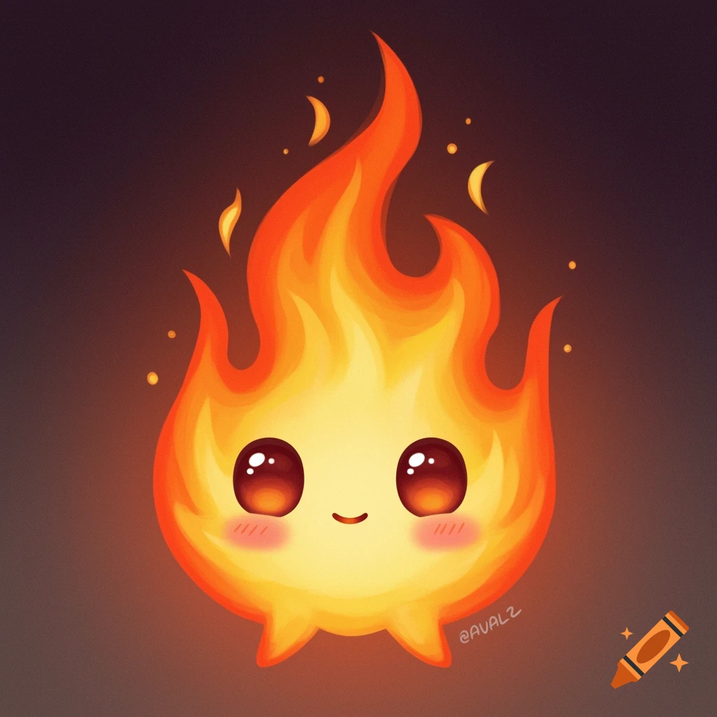 A cute, smiling cartoon fire spirit illustration with cheeks blushing ...