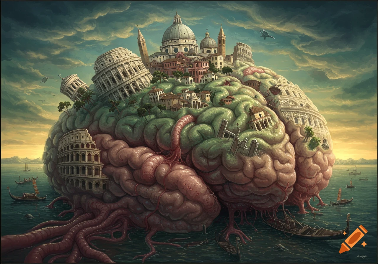 Surreal landscape: a brain is a city of Italian buildings floating on ...