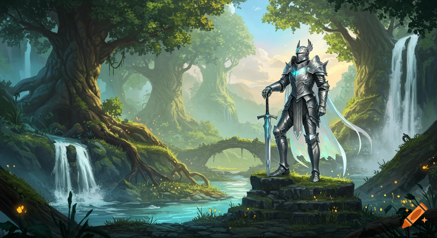 Silver armored knight standing in a fantasy landscape with waterfalls ...