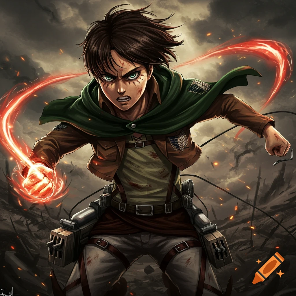 Anime illustration of Eren Yeager from Attack on Titan punching with ...