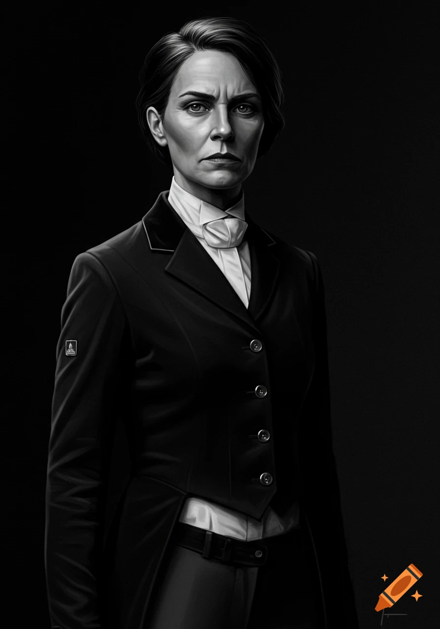 Monochromatic portrait of a stern-faced woman in formal riding attire ...