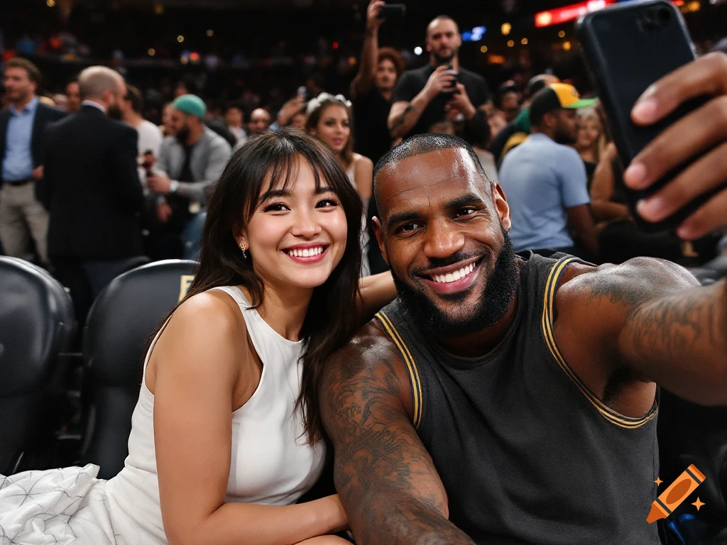 Liu Hui and LeBron James take a selfie courtside at a basketball game. on Craiyon