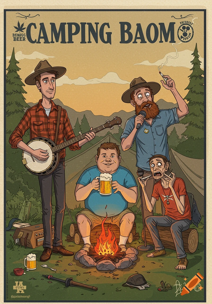 Cartoon style poster of four men camping around a fire with music and ...