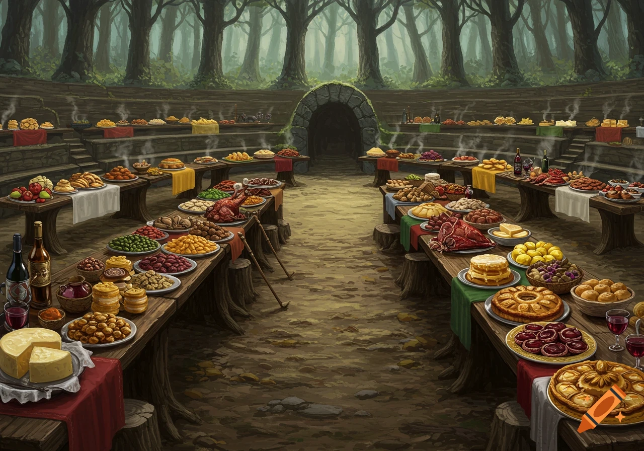 Fantasy illustration of a large feast in a forest amphitheater, tables ...