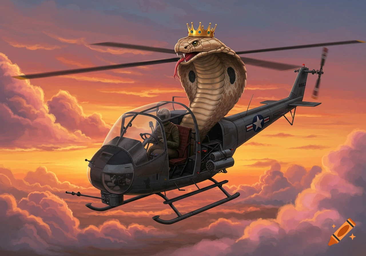 Illustration of a cobra wearing a crown flying in a helicopter against ...