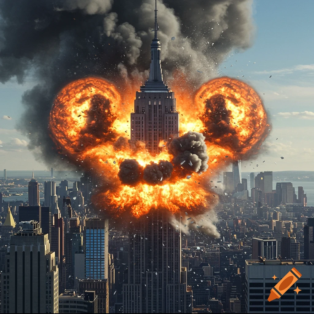 Massive explosion engulfs a building resembling the Empire State ...
