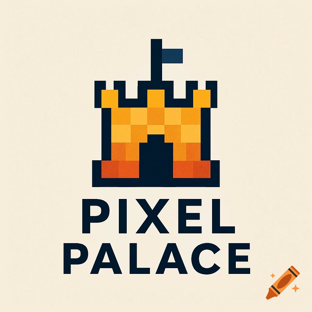 Pixel art logo of a castle with the words Pixel Palace below it. on Craiyon
