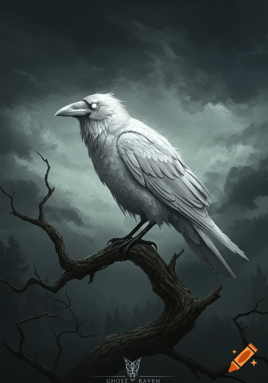 A white spectral raven with glowing eyes sits on a dead branch in a ...