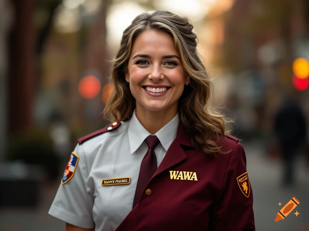 A woman in a Wawa uniform smiles at the camera. on Craiyon