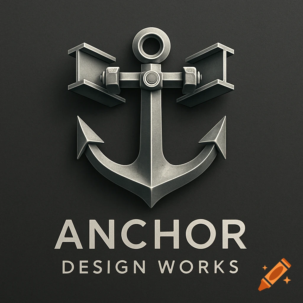 A modern steel anchor logo with I-beams and the text "ANCHOR DESIGN ...