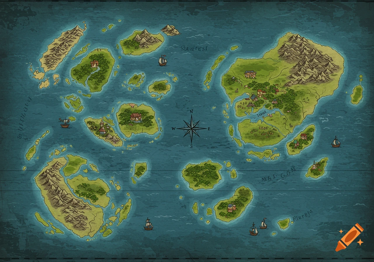 Hand-drawn fantasy map of islands, mountains, towns, and ships at sea. on Craiyon