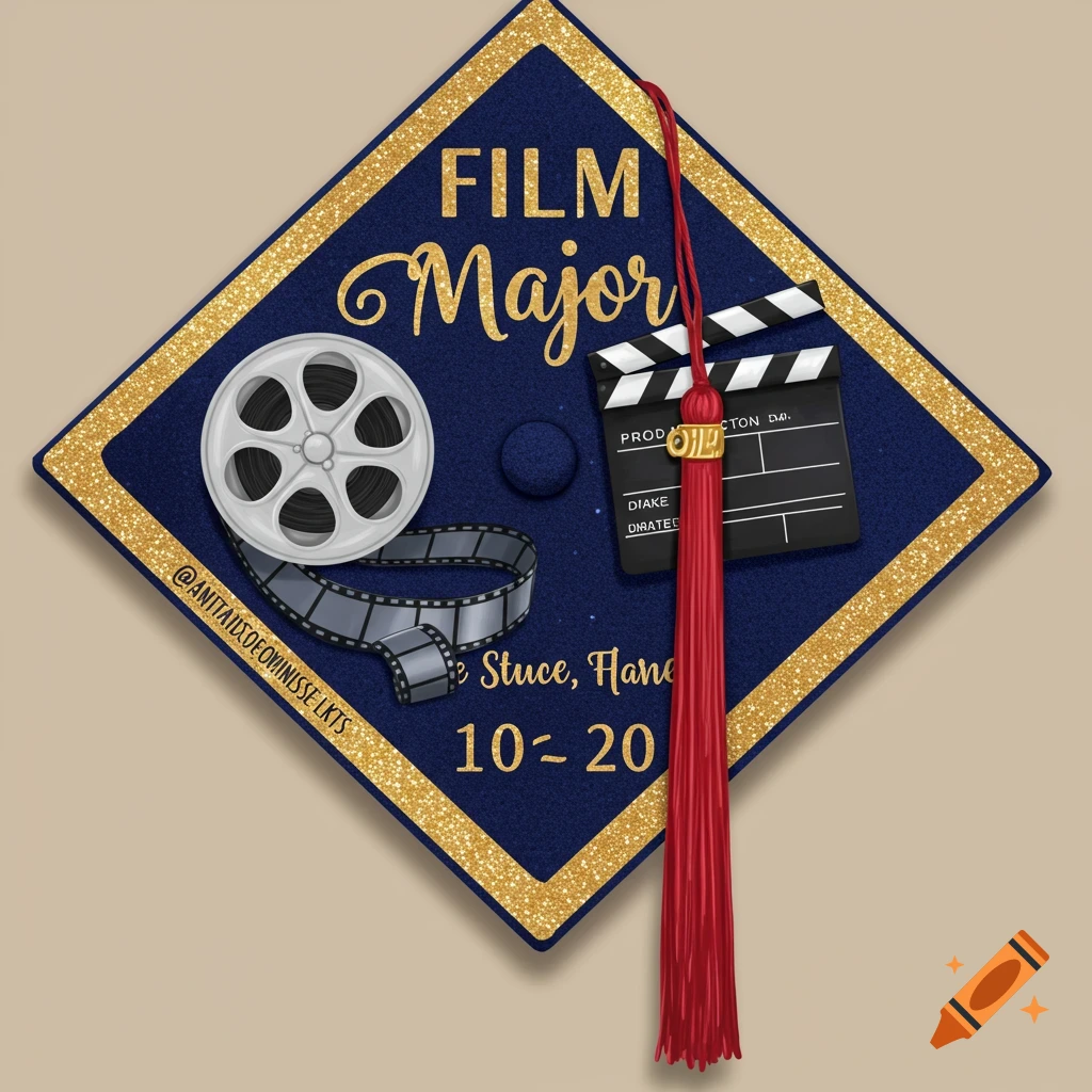 A decorated blue graduation cap for a film major, featuring gold ...