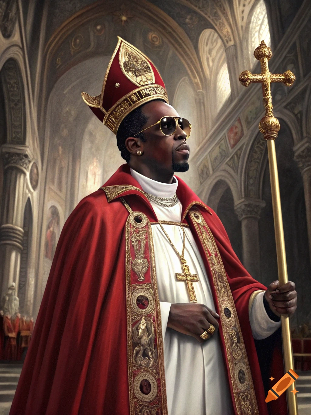 Puff Daddy dressed as a pope wearing sunglasses and chains, standing in ...