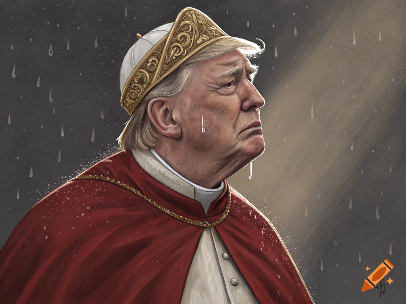 Illustration of Donald Trump as a crying pope in the rain. on Craiyon