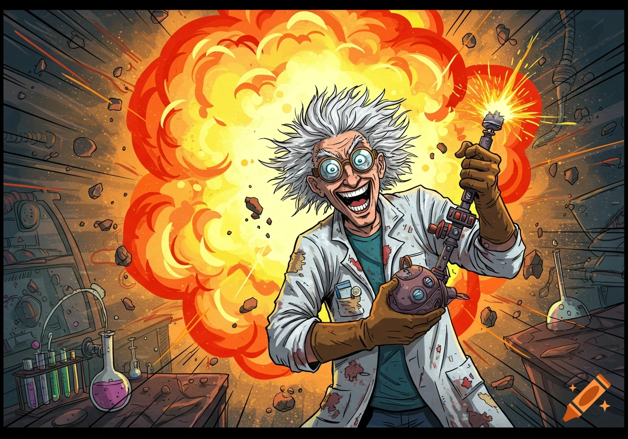 Comic illustration of a mad scientist cackling amidst a large explosion in a laboratory. on Craiyon