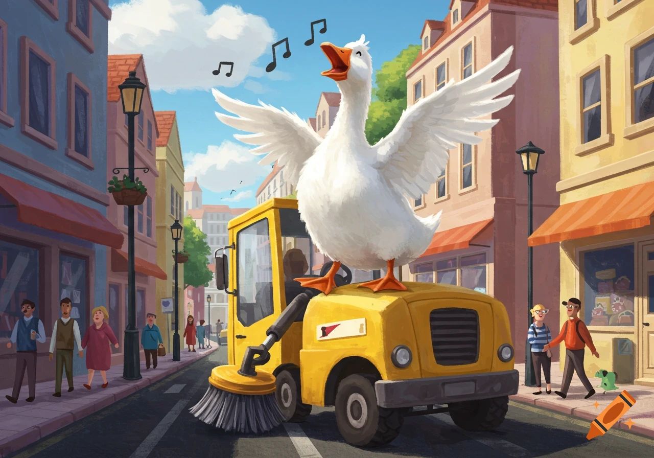 An illustration of a large white goose singing on top of a yellow ...