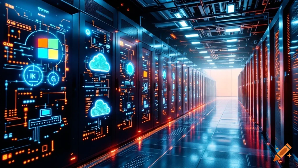 Futuristic data center with glowing server racks displaying digital ...