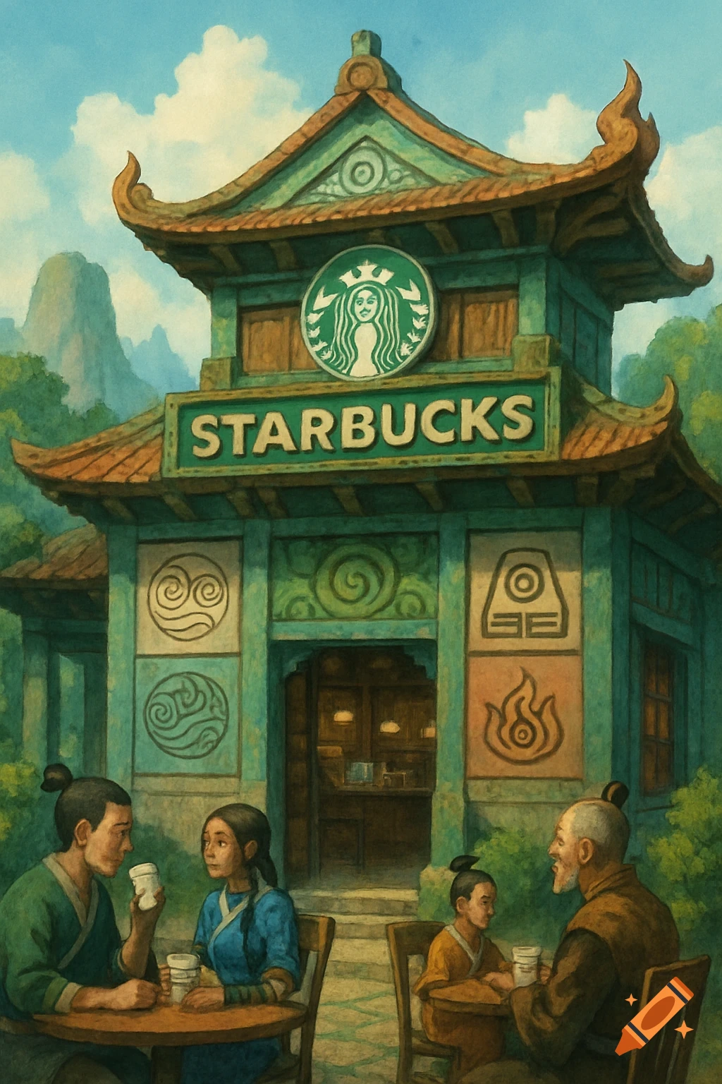 Avatar-style Starbucks store with element symbols and people drinking ...