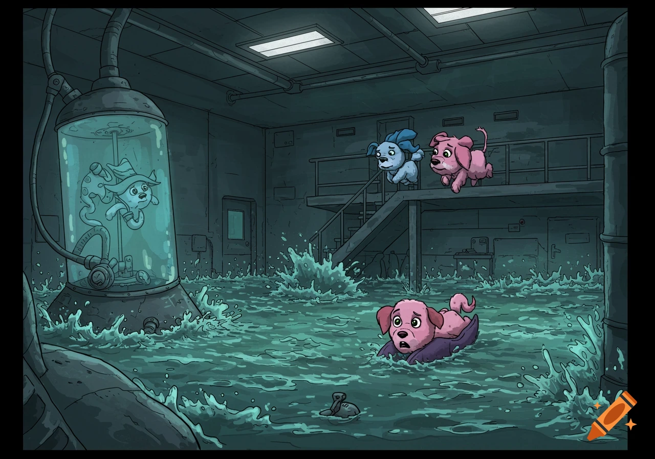 Cartoon dogs escape a flooded lab, one trapped in a glass test tube. on ...