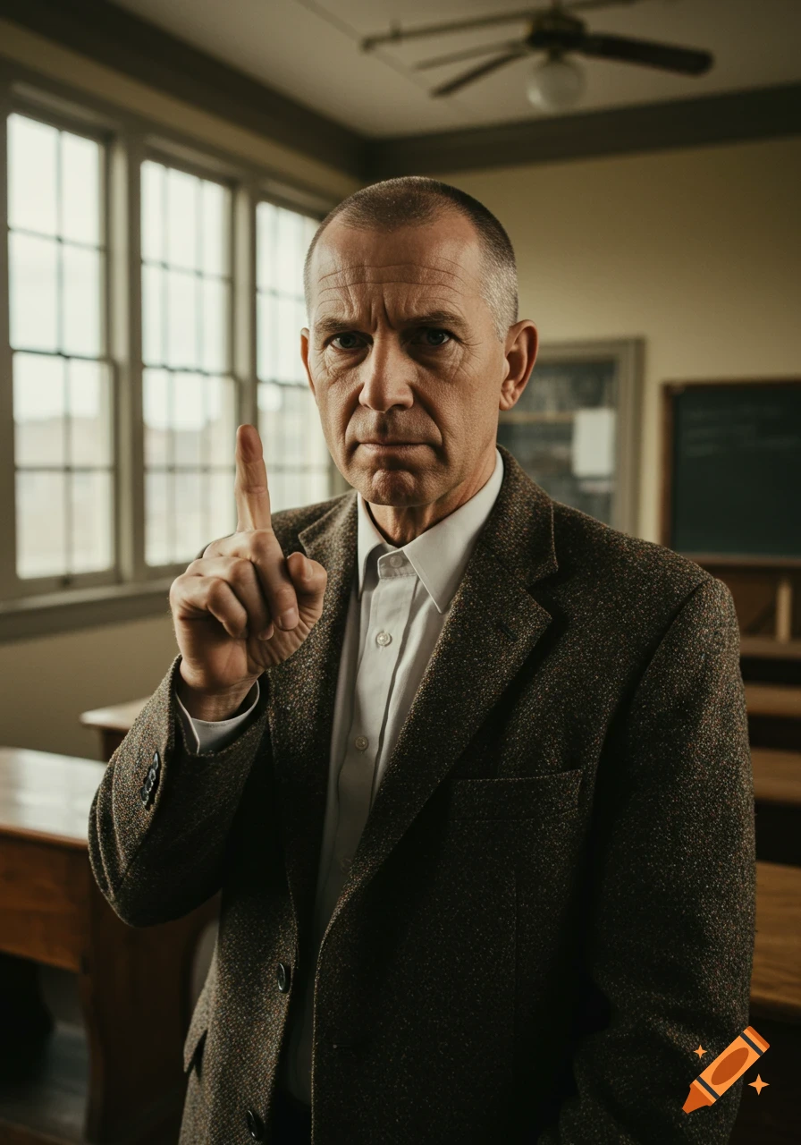 An older man with a buzz cut points his finger in a classroom. on Craiyon