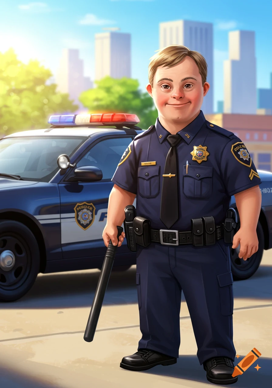 Stylized illustration of a smiling police officer with Down Syndrome ...