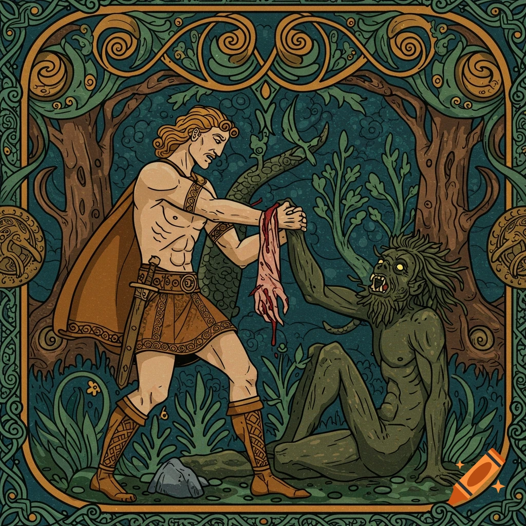 Beowulf pulls Grendel's arm off in Germanic folk art style. on Craiyon