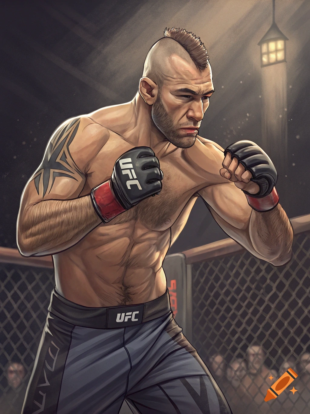 Illustration of a muscular MMA fighter with a mohawk in a ring on Craiyon