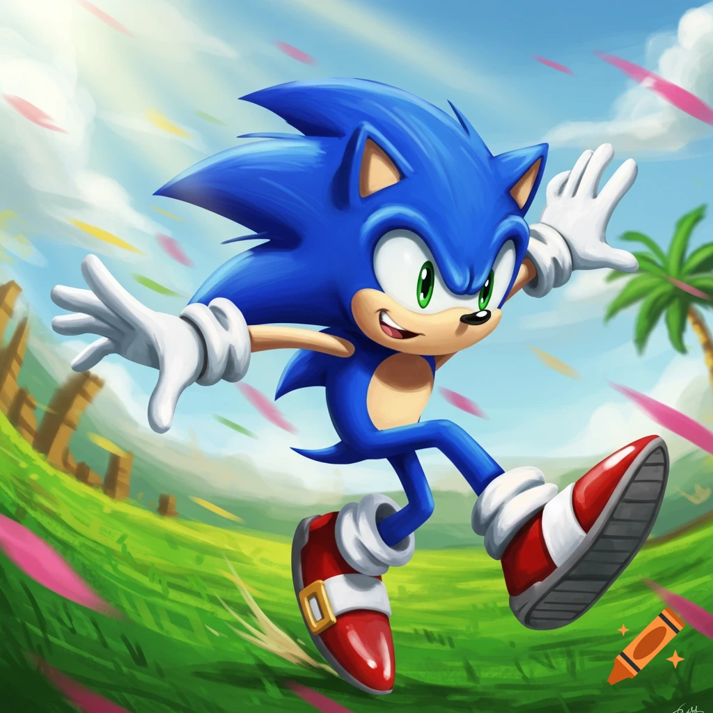 Sonic the Hedgehog running in a green grassy landscape with palm trees ...