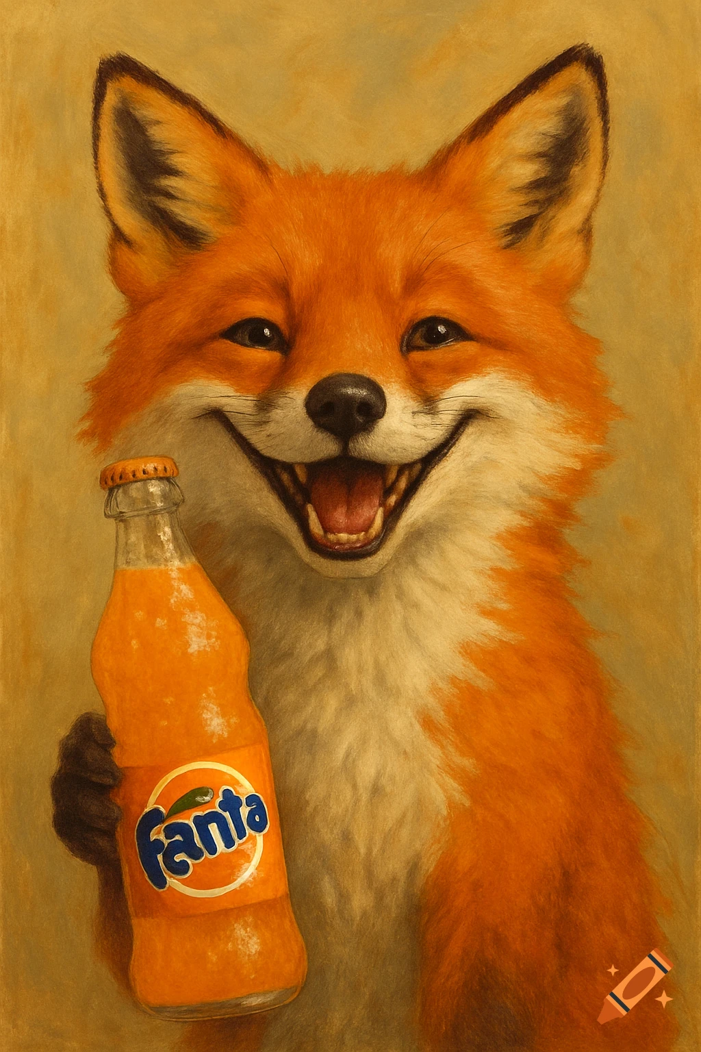 A smiling orange fox holds a bottle of Fanta soda in a painted ...