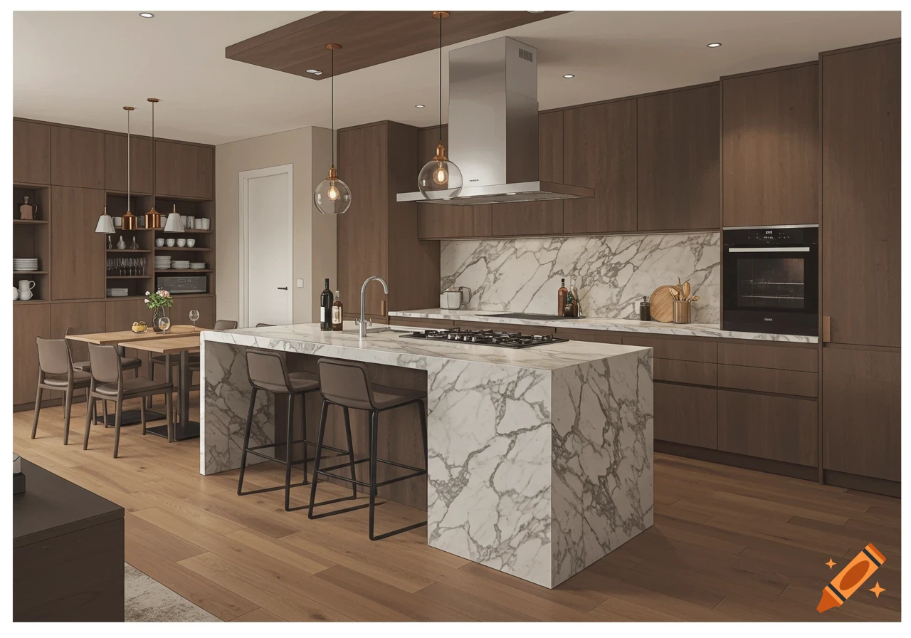 Modern kitchen and dining room interior with marble island and wooden ...