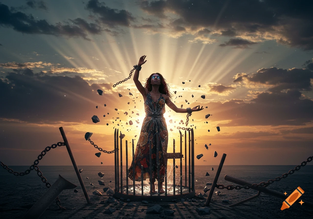 A woman stands in a shattered cage, breaking free from chains at dawn ...