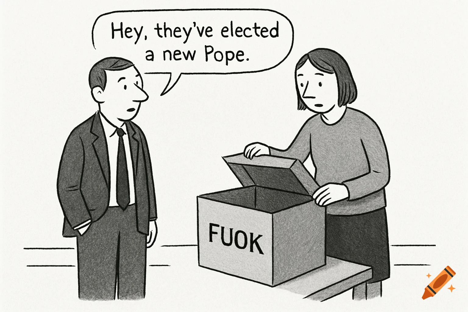 Black and white cartoon of two people, one speaking, one opening a box ...