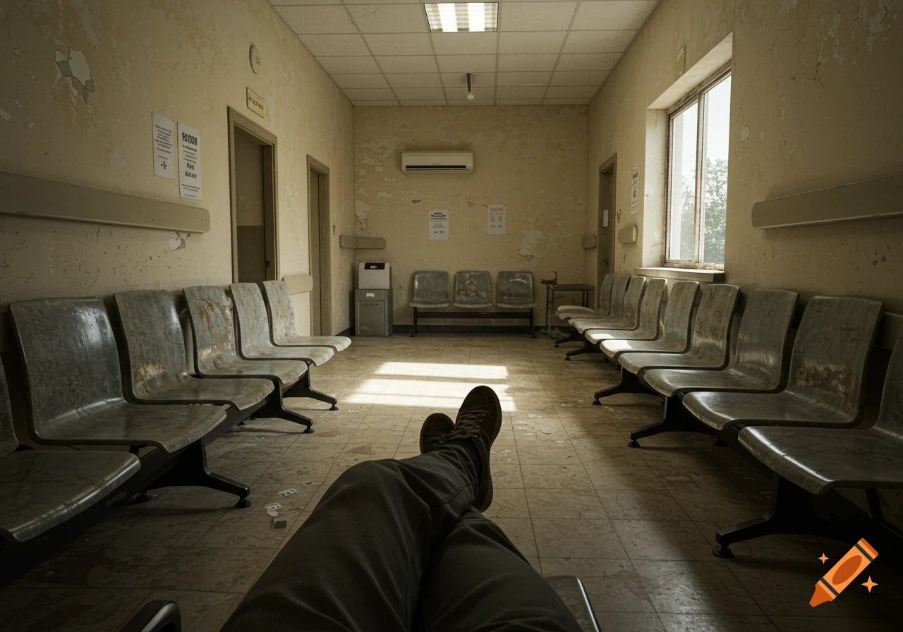 First-person view of legs stretched out in a worn-out hospital waiting ...