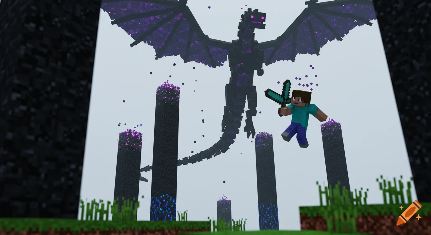 Minecraft character fighting the Ender Dragon in the End dimension. on ...