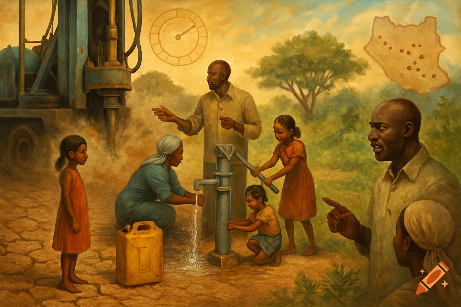 A painting depicts people gathered around a new hand pump, drawing ...