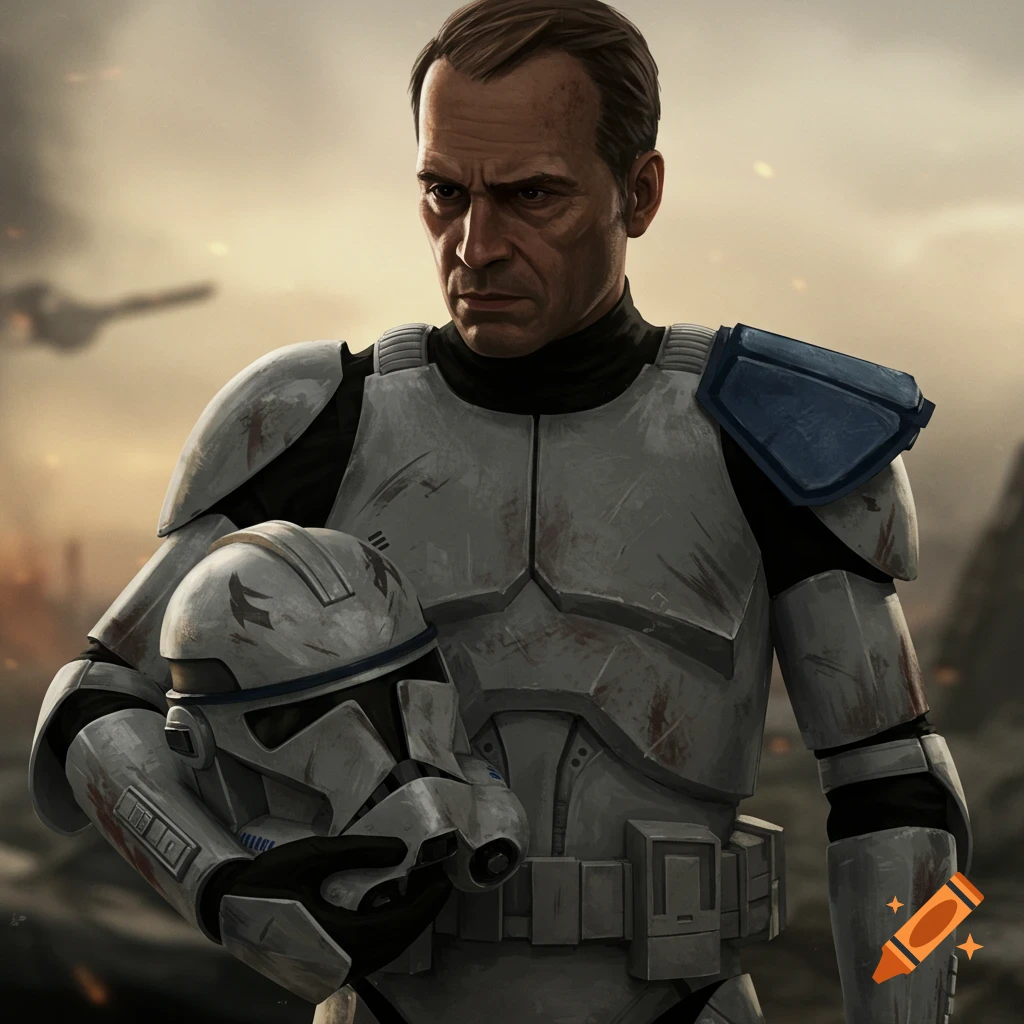 Man in clone trooper armor holding helmet on battlefield on Craiyon